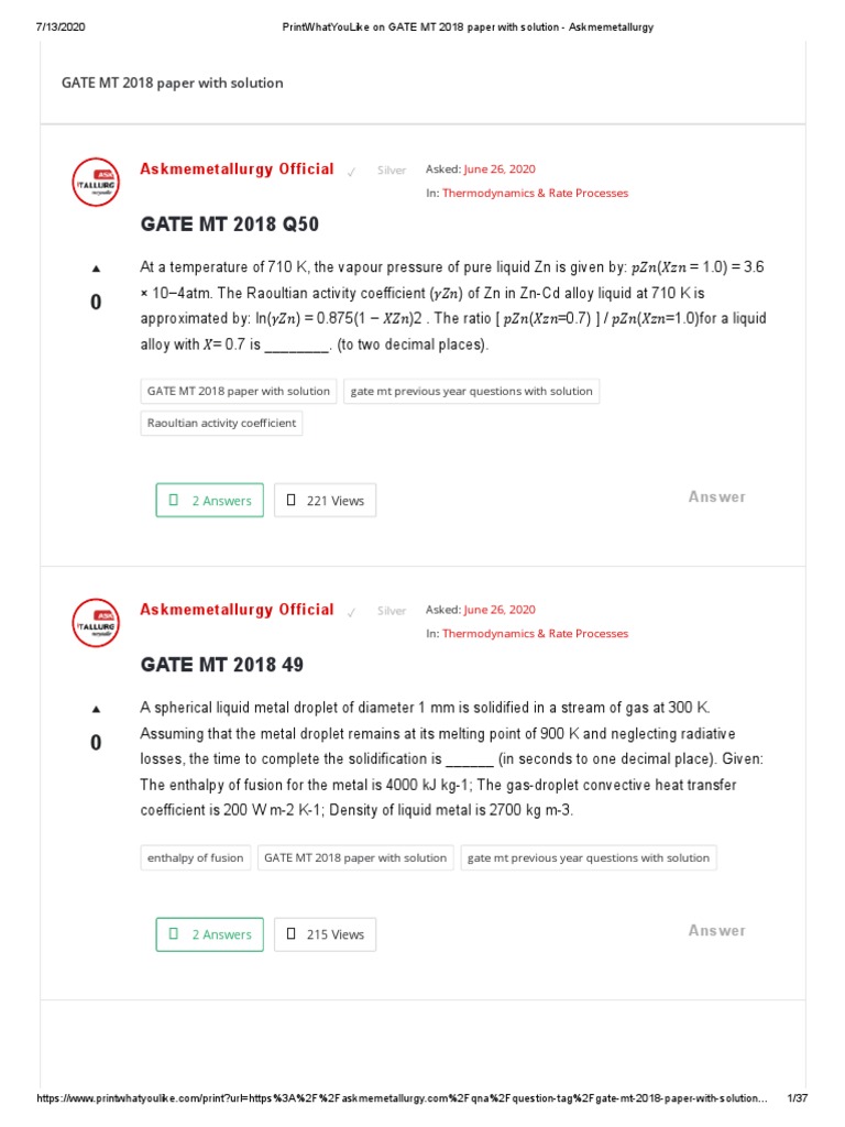 GATE MT 2018 Paper Solutions | PDF | Creep (Deformation) | Composite ...
