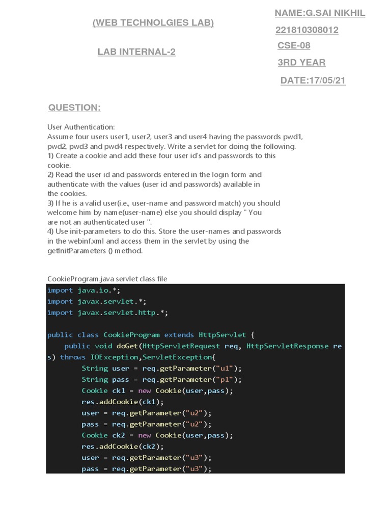 Web Technologies Lab-Cycle 7: Java Io Javax Servlet Javax Servlet | PDF | Http Cookie | Secure ...