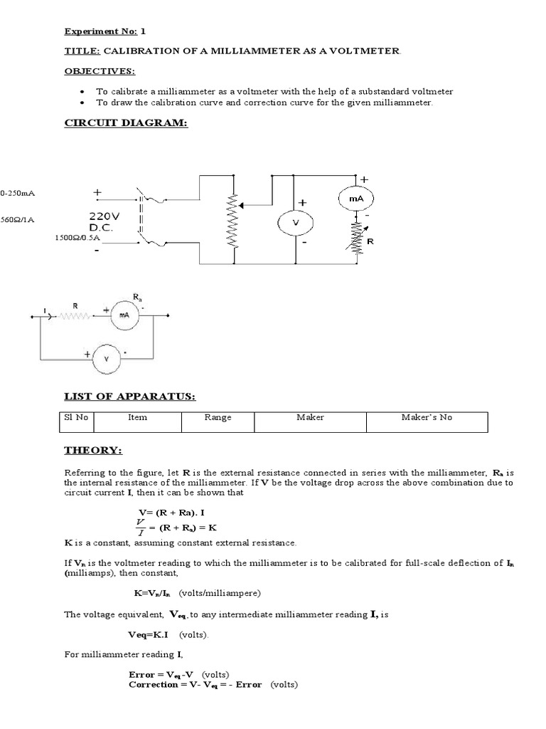 Circuit Diagram:: Experiment No: 1 Title: Calibration of A Milliammeter ...