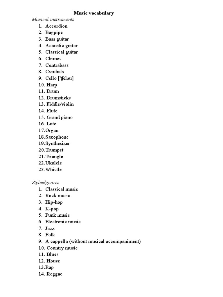 Music Vocabulary and Instrument Terms | PDF