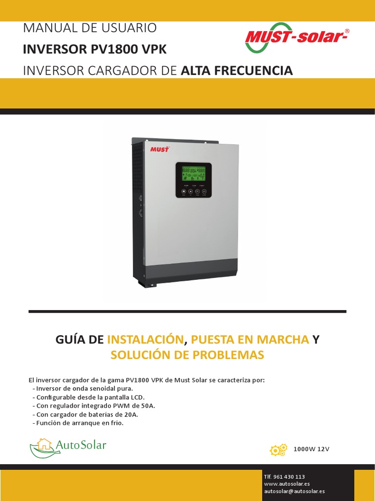 Manual Must 1000 12V PWM | PDF | Cargador de batería | Inversor de energia