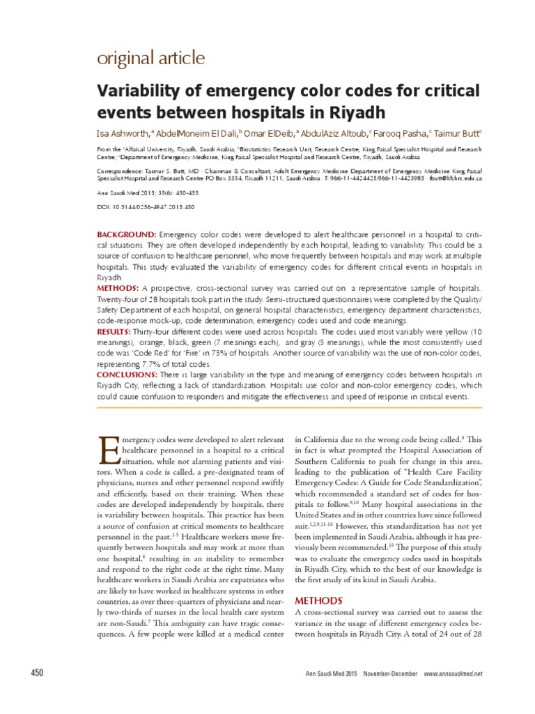 Original Article: Variability of Emergency Color Codes For Critical ...