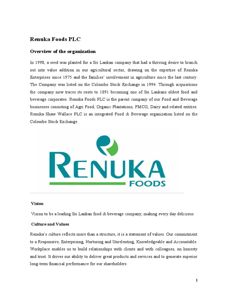 Renuka Foods PLC: Overview of The Organization | PDF | Internet Of ...