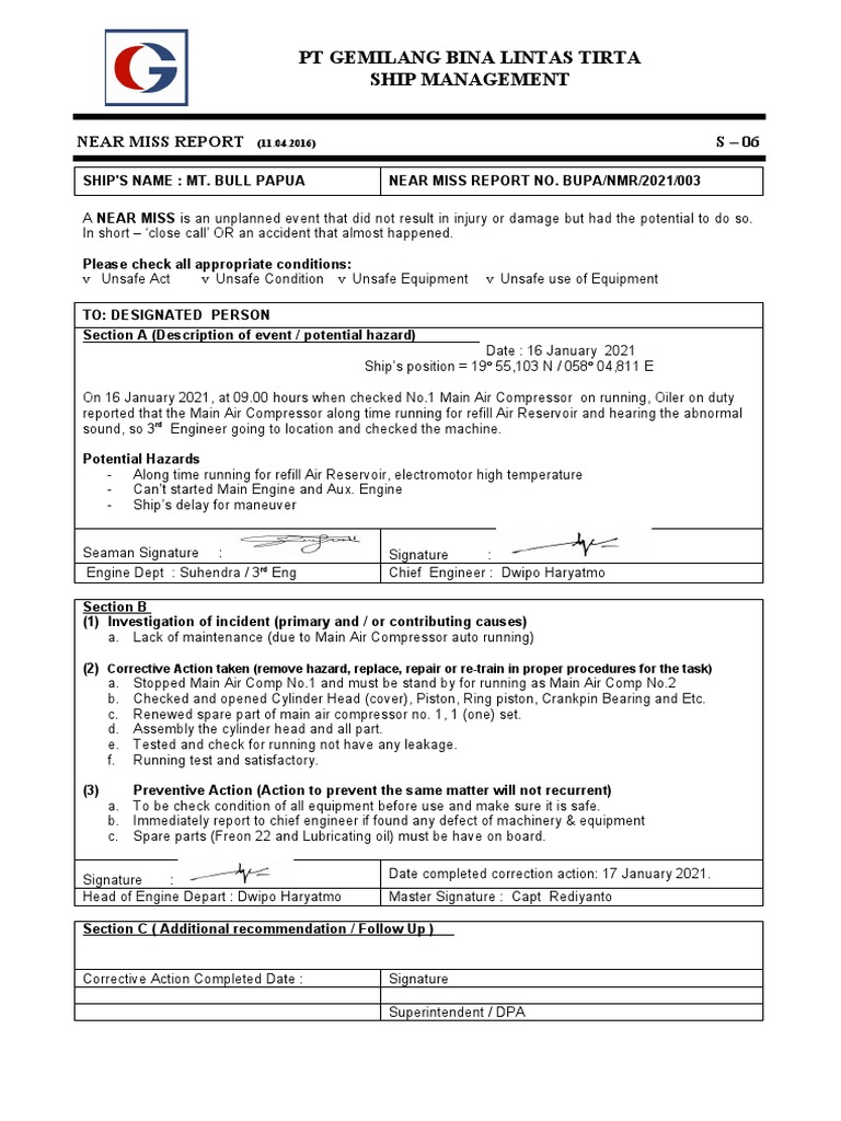 Main Air Compressor Near Miss Report: Abnormal Noise During Long Period ...