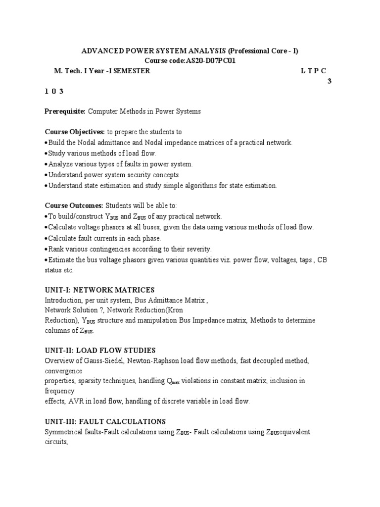 Advanced Power System Anlaysis Syllabus | PDF | Matrix (Mathematics ...