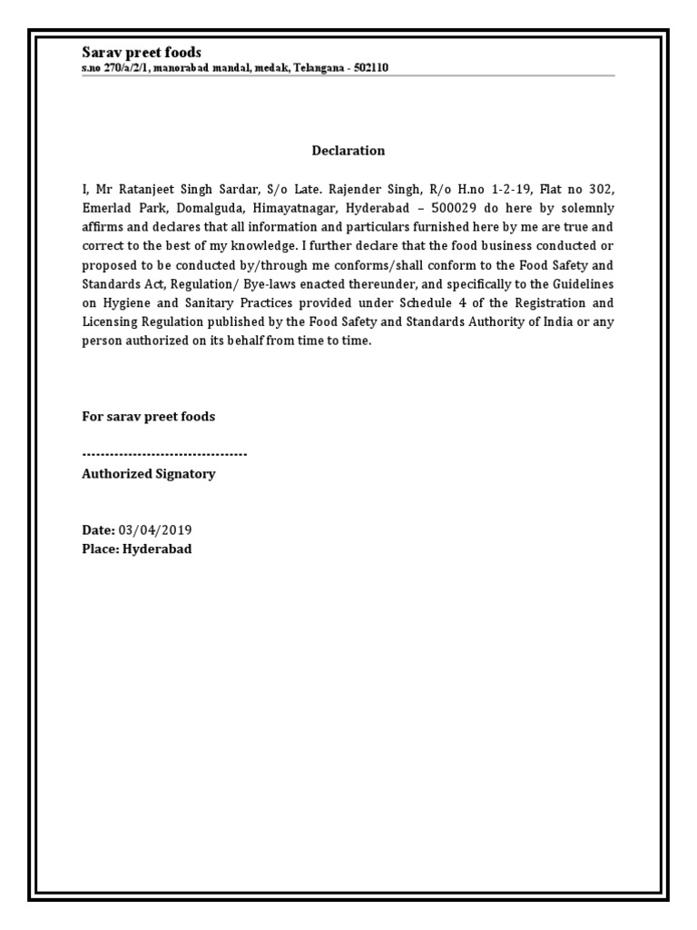 Sarav Preet Foods: Declaration | PDF | Food Safety | Public Law