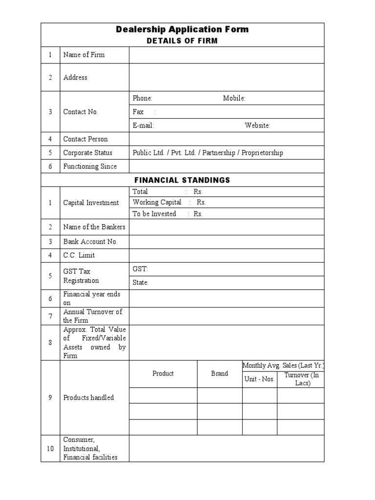 Dealership Application Form: Product Brand Monthly Avg. Sales (Last Yr ...