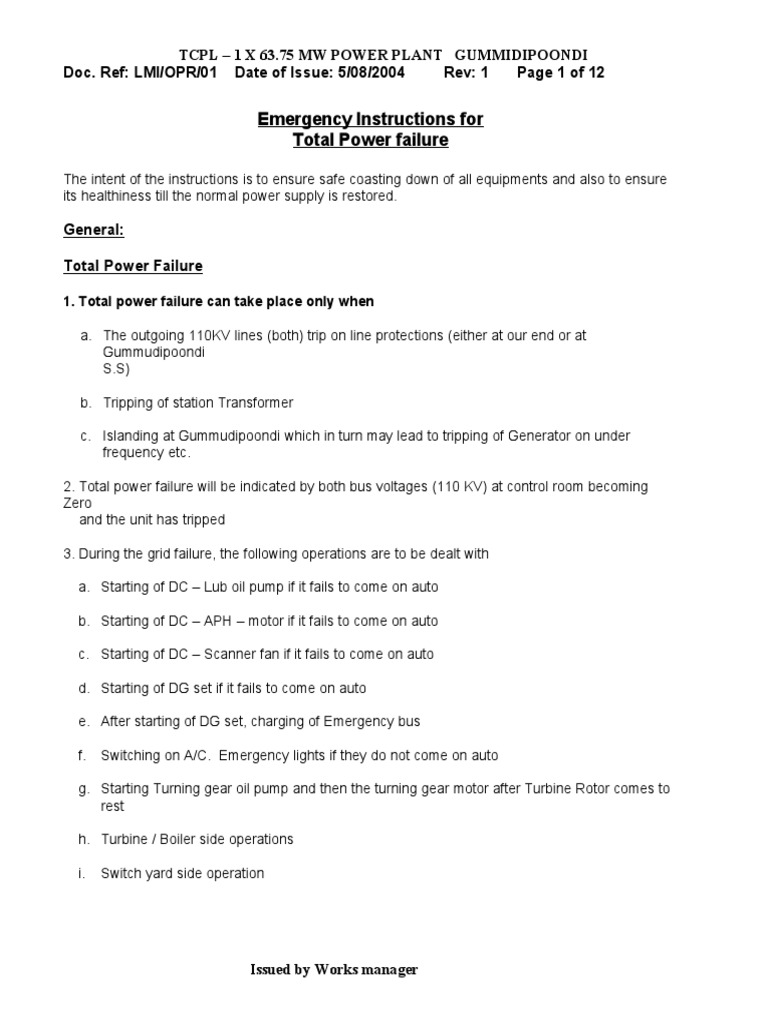 Emergency Instructions For Total Power Failure | Download Free PDF ...