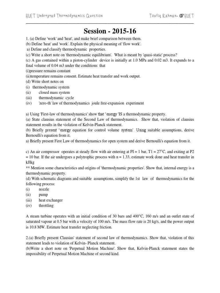 BUET Thermodynamics Final Questions | PDF | Heat | Thermodynamics