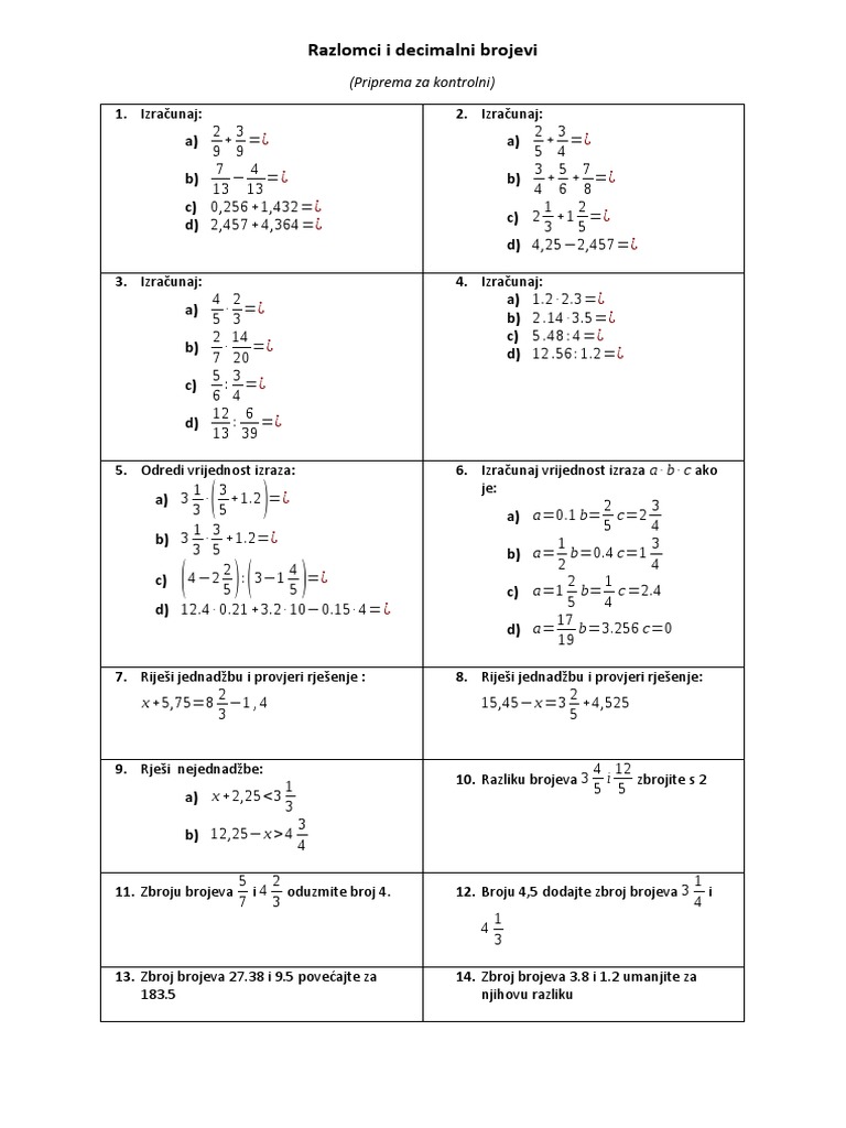 Razlomci Sistematizacija | PDF