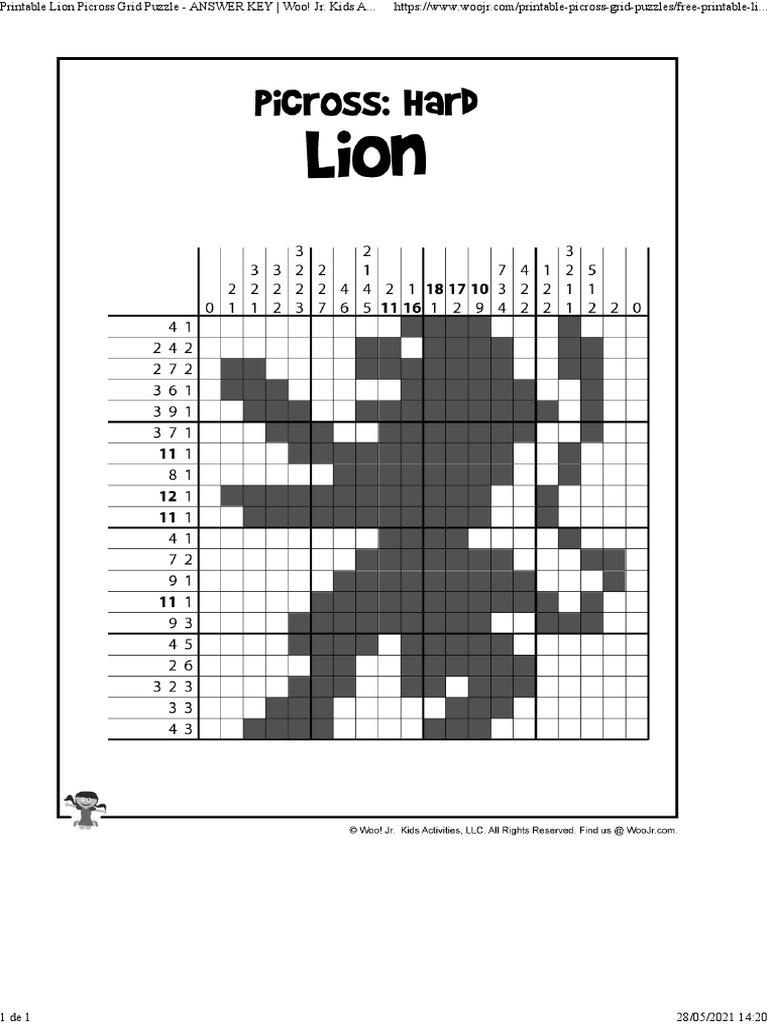 016 - Printable Lion Picross Grid Puzzle - ANSWER KEY - Woo! JR | PDF
