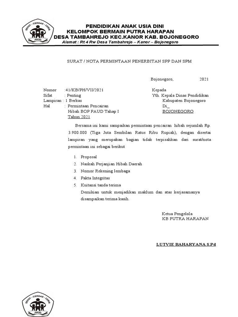 PERMINTAAN PENCAIRAN DANA HIBAH BOP PAUD | PDF PERMINTAAN PENCAIRAN DANA HIBAH BOP PAUD | PDF