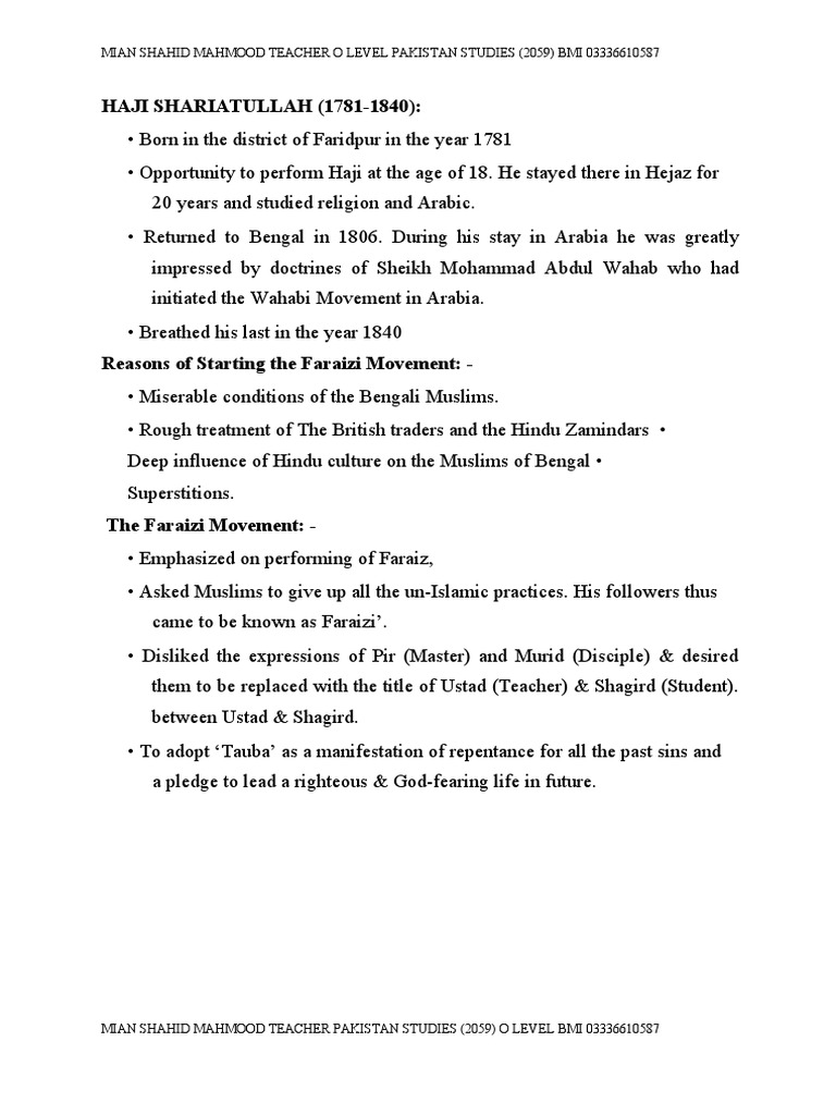 O Level Pakistan Studies: Faraizi Movement | PDF | Abrahamic Religions ...