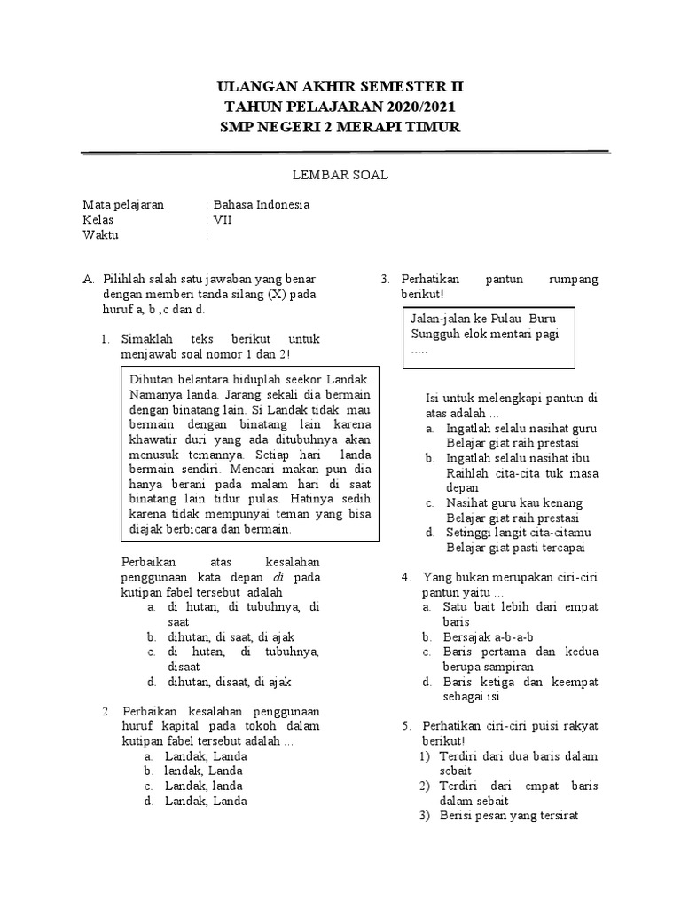 Ulangan Akhir Semester Ii Kelas Vii Fix | PDF