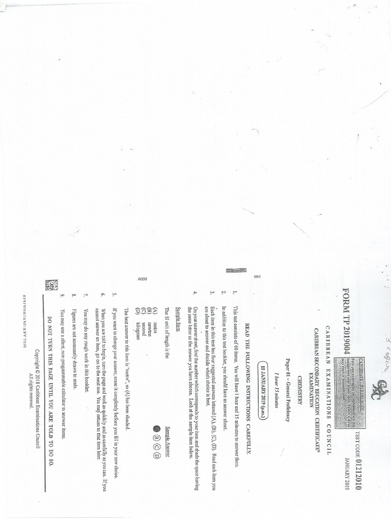 CSEC Chemistry January 2019 Multiple Choice Paper 1 g8crtd | PDF