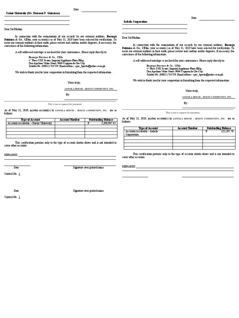 Request for Confirmation of Account Balances for External Audit ...