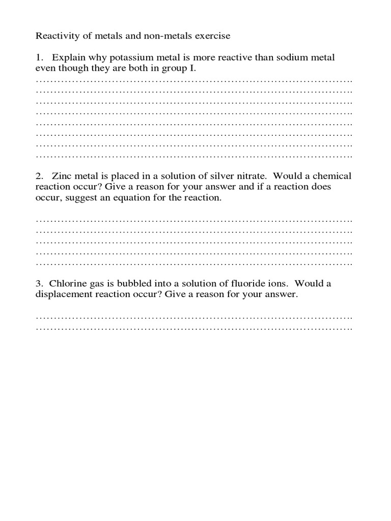 Metal Reactivity Exercises | PDF | Reactivity (Chemistry) | Ion