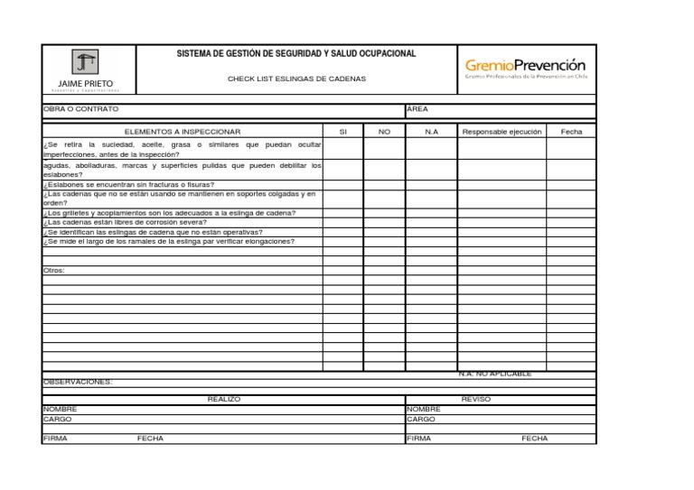 Check List Eslingas de Cadenas (9922) | PDF