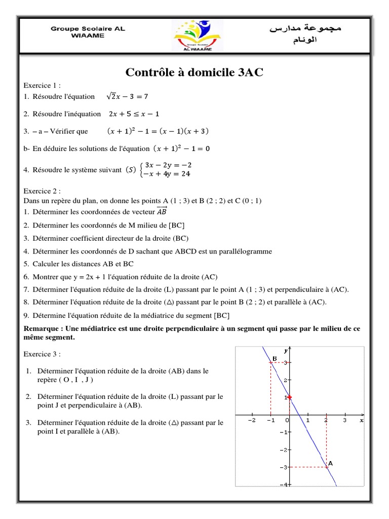 Contrôle de maths 3AC : Géométrie et équations | PDF