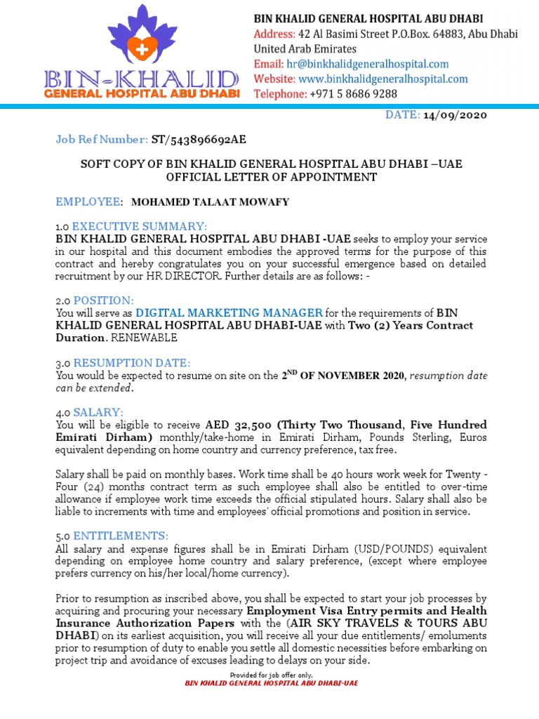 Bin Khalid General Hospital Approved Contract Offer Letter | PDF ...