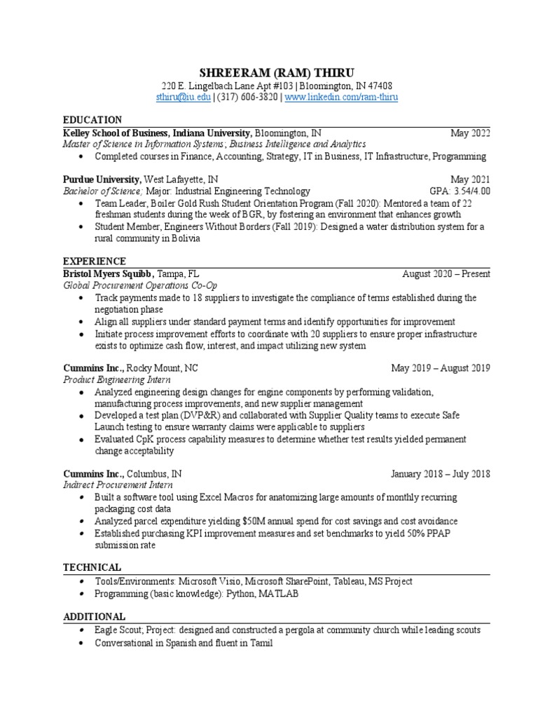 Shreeram Thiru: Business & Engineering Resume | PDF | Procurement ...