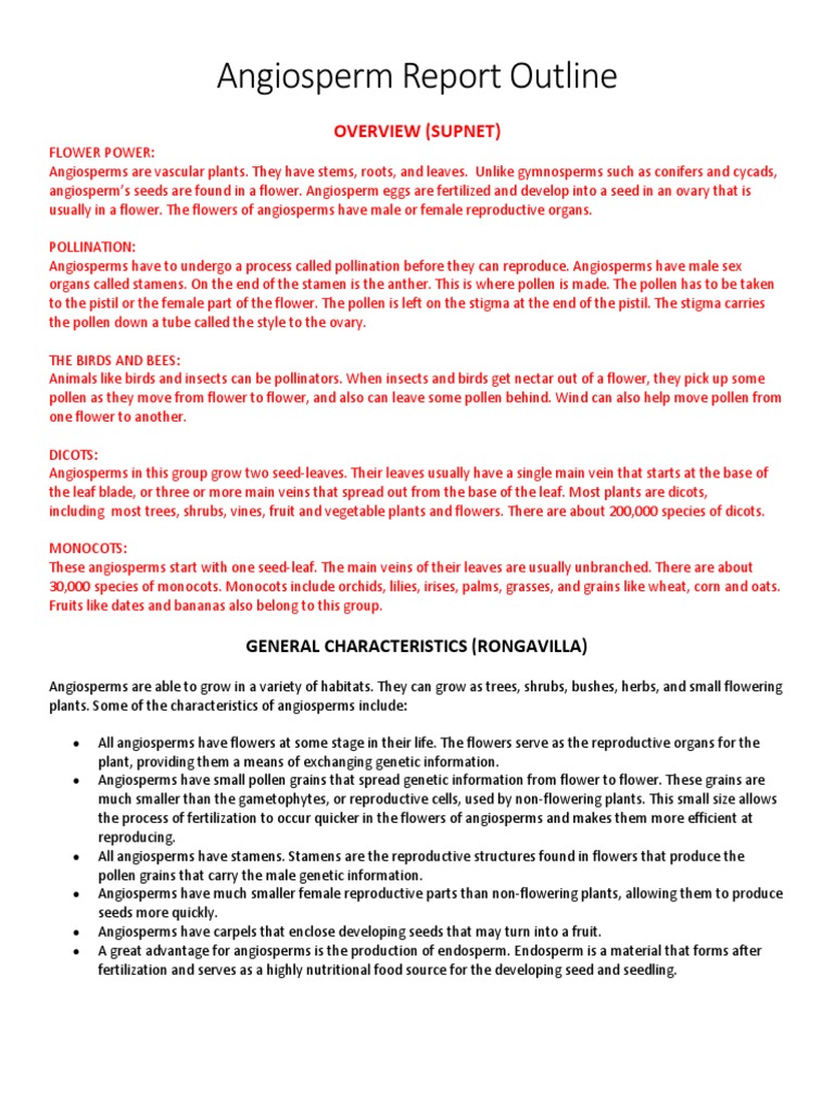Angiosperm Report Outline: Overview (Supnet) | PDF | Flowers | Plants