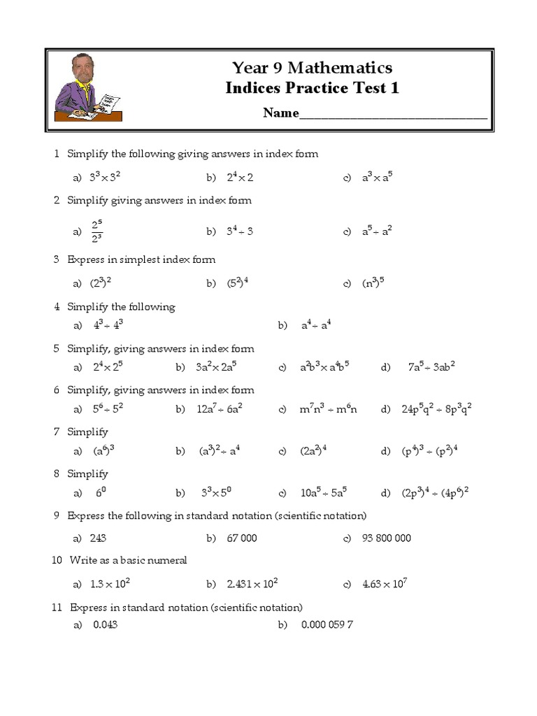 Year 9 Mathematics Indices Practice Test 1: Name | PDF