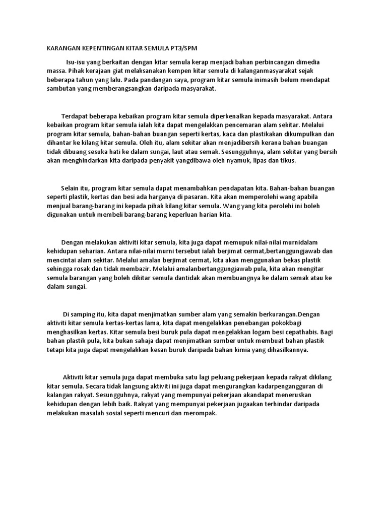 Karangan Kepentingan Kitar Semula PT3 | PDF