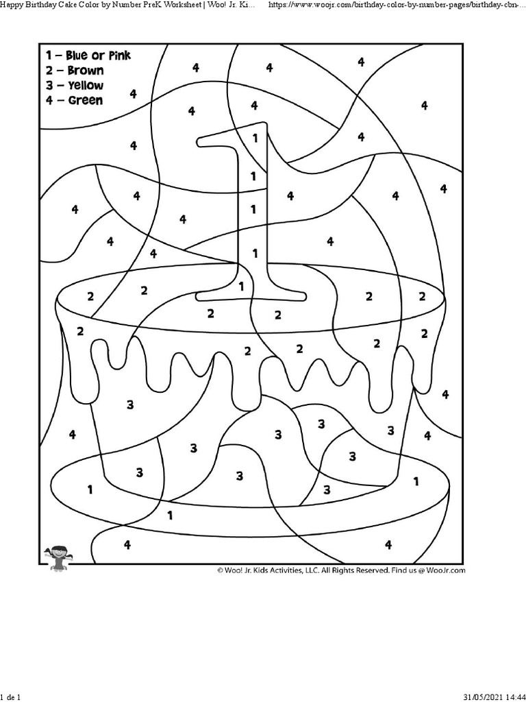 Happy Birthday Cake Color by Number PreK Worksheet - Woo! JR | PDF