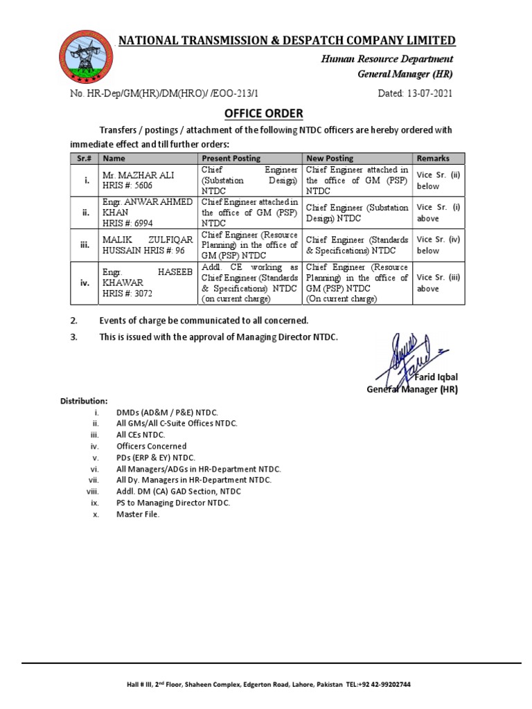 National Transmission & Despatch Company Limited: Office Order | Download Free PDF | Government ...