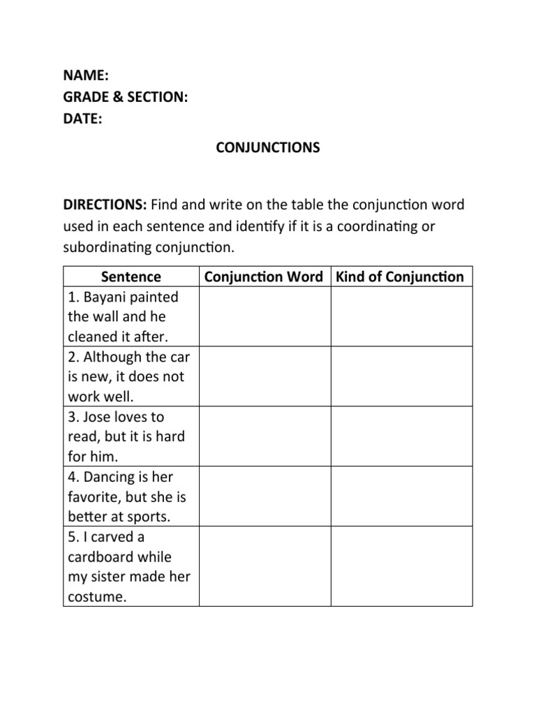 Conjunctions: Identifying Types in Sentences | PDF | Language Arts ...