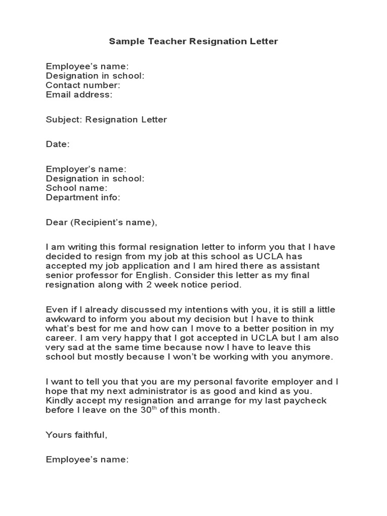 Sample Teacher Resignation Letter | PDF