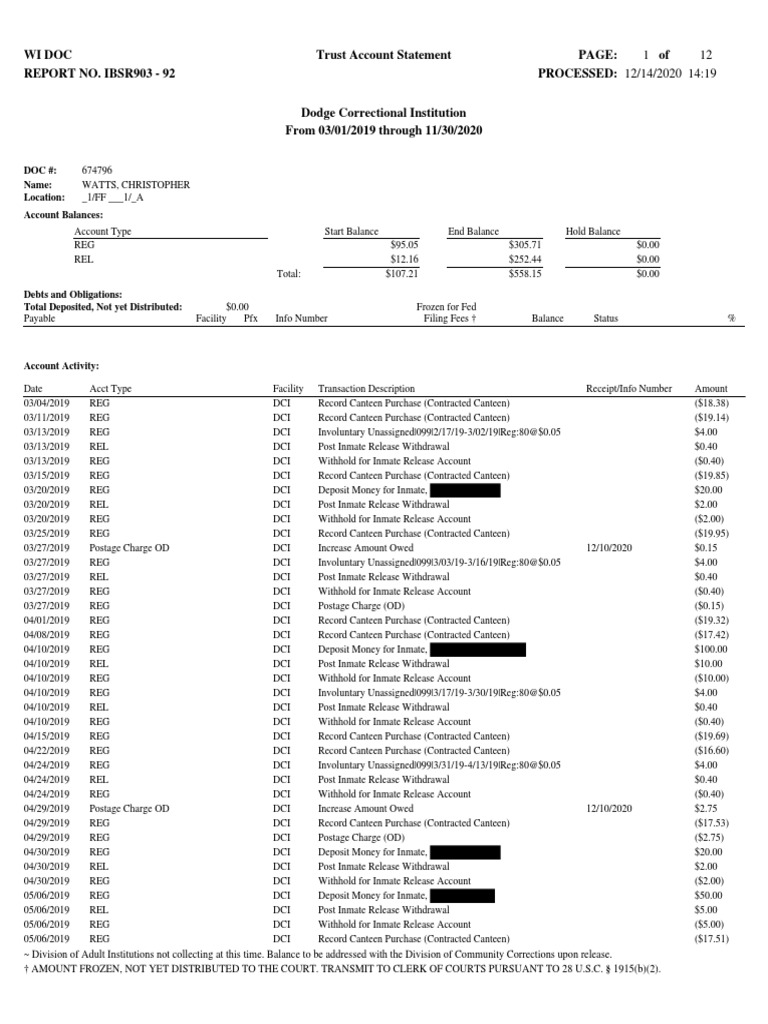 PRRT 22190 Watts, Christopher 674796 Trust Account Statement - Redacted ...