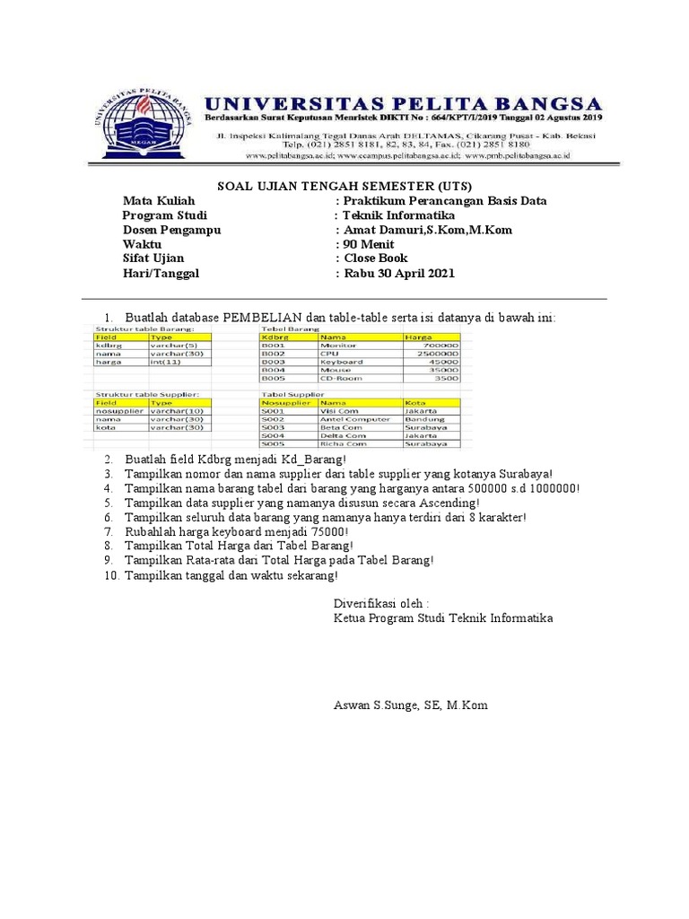 Buatlah Database PEMBELIAN Dan Table-Table Serta Isi Datanya Di Bawah ...