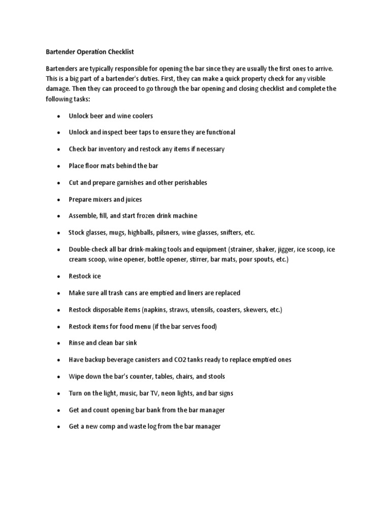 Bartender Operation Checklist - Food Service | PDF | Cocktails | Drink