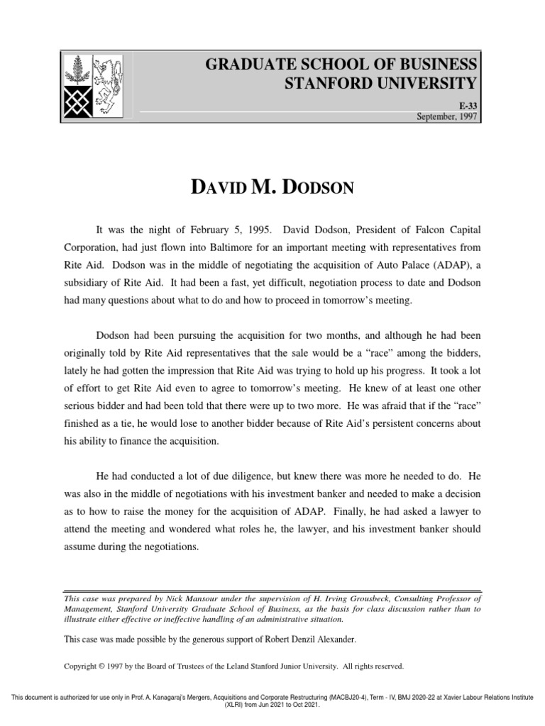 Session 2 - David M. Dodson | PDF | Investor | Mergers And Acquisitions