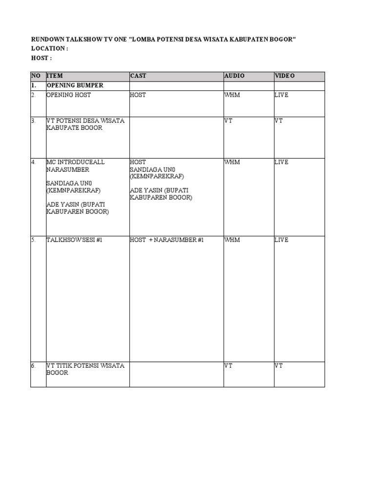Rundown Talkshow Bogor Festival Desa Wisata | PDF