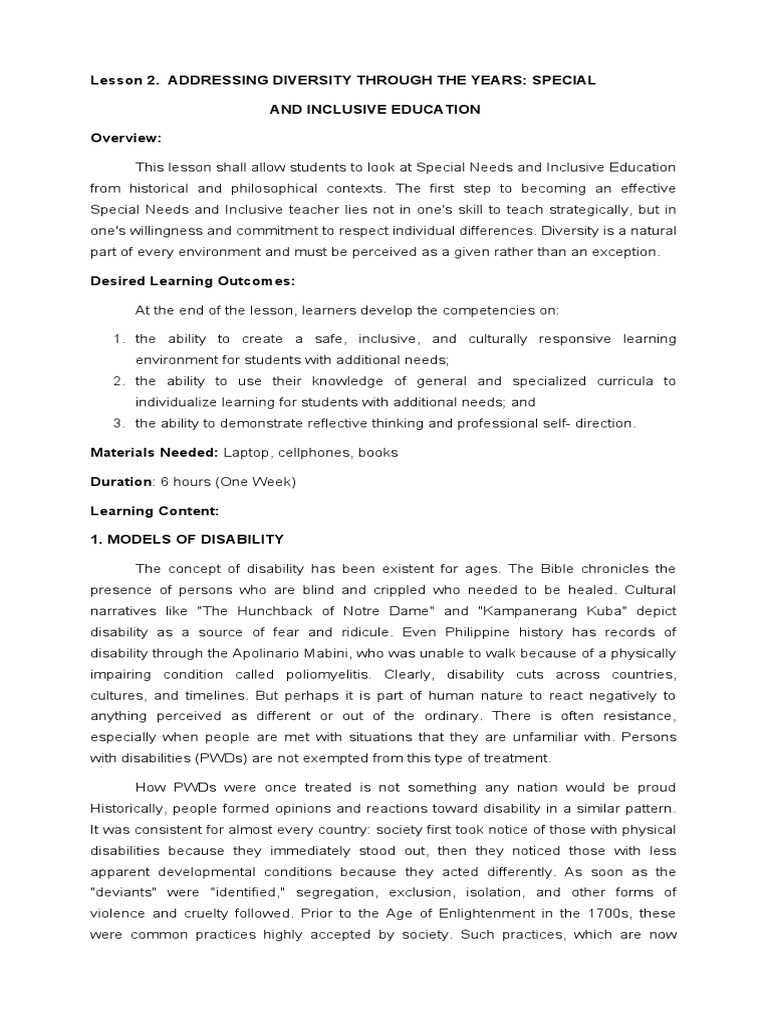 Lesson 2. Addressing Diversity Through The Years: Special and Inclusive ...