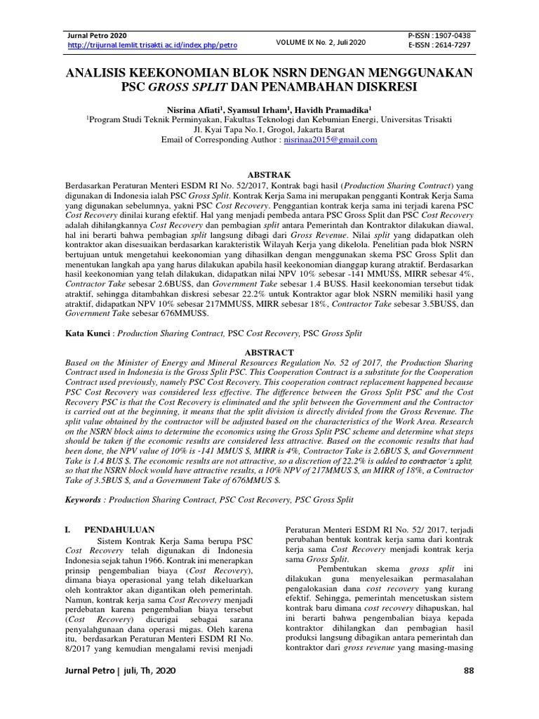 Analisis Keekonomian Blok NSRN Dengan Menggunakan PSC Gross Split Dan Penambahan Diskresi | PDF