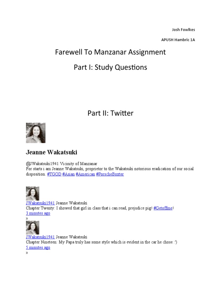 Farewell To Manzanar Assignment Part I: Study Questions: Jeanne ...