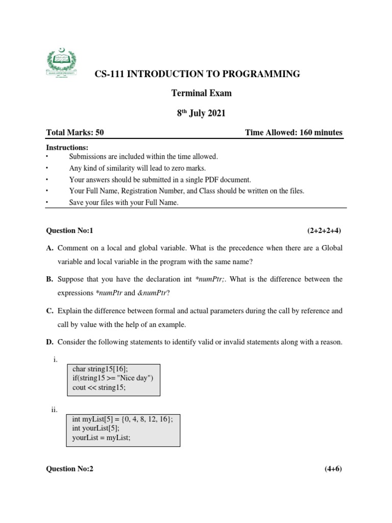 Cs 111 Introduction To Programming Terminal Exam 8 July 2021 Pdf Parameter Computer