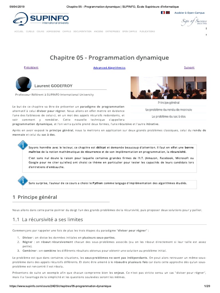 Chapitre 05 - Programmation Dynamique - SUPINFO, École Supérieure D ...