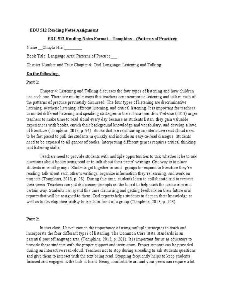 EDU 512 Reading Notes Format - Tompkins - (Patterns of Practice) | PDF ...