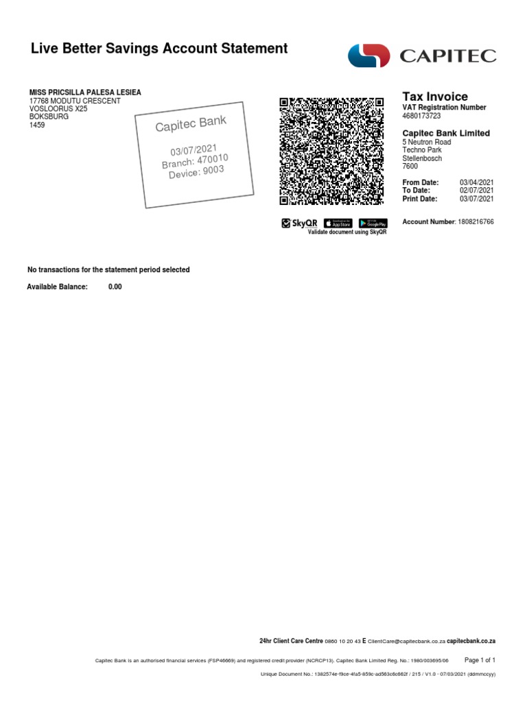 Live Better Savings Account Statement: Capitec B Ank | PDF | Payments | Banking