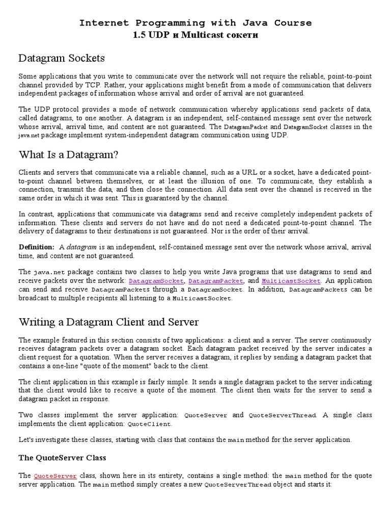 Datagram Sockets: Internet Programming with Java Course 1.5 UDP и Multicast сокети | PDF | Port ...