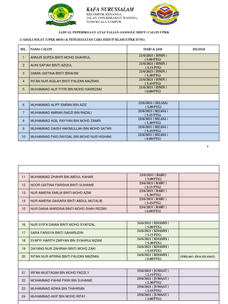 Jadual Peperiksaan Calon Upkk 2021 Atas Talian | PDF