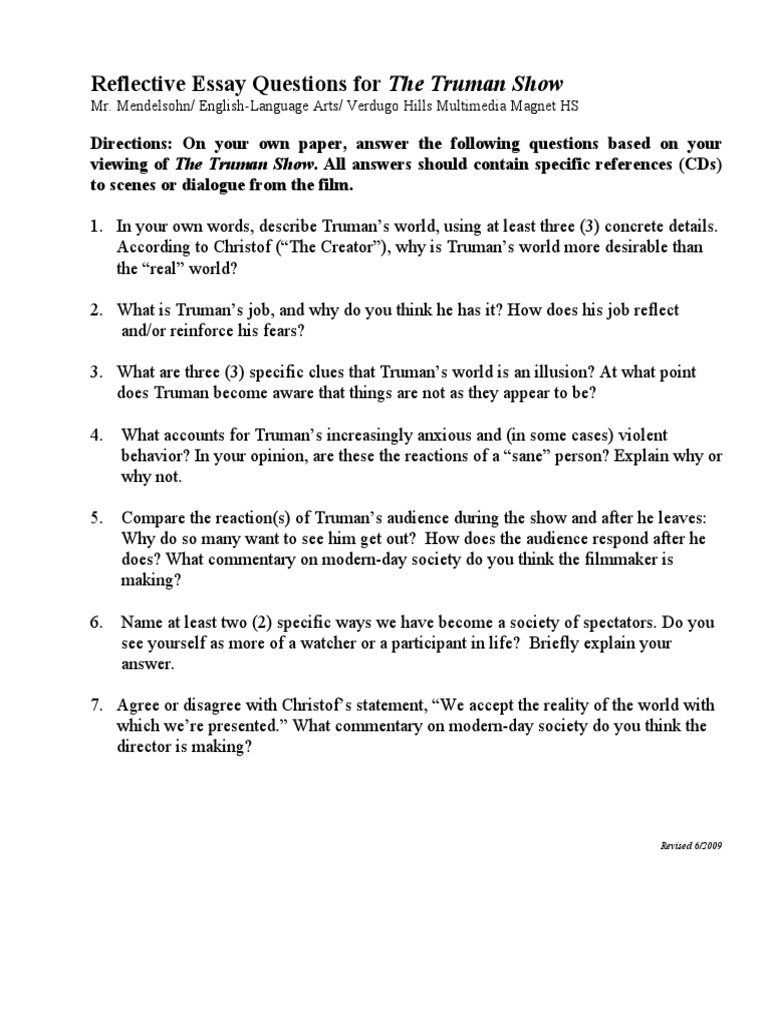 Reflective Essay Questions on Truman Show | PDF | Games & Activities ...