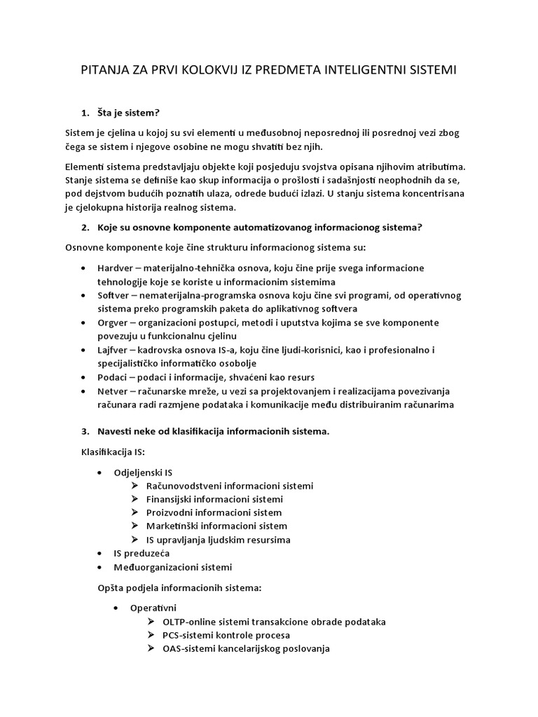 Pitanja Za Prvi Kolokvij Iz Predmeta Inteligentni Sistemi | PDF