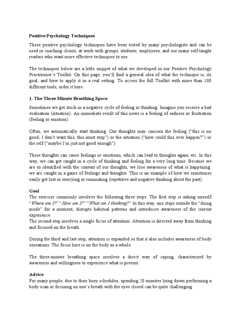 Positive Psychology Techniques | PDF | Feeling | Meditation