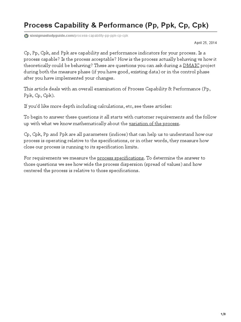 Process Capability Amp Performance PP PPK CP CPK | PDF | Six Sigma ...